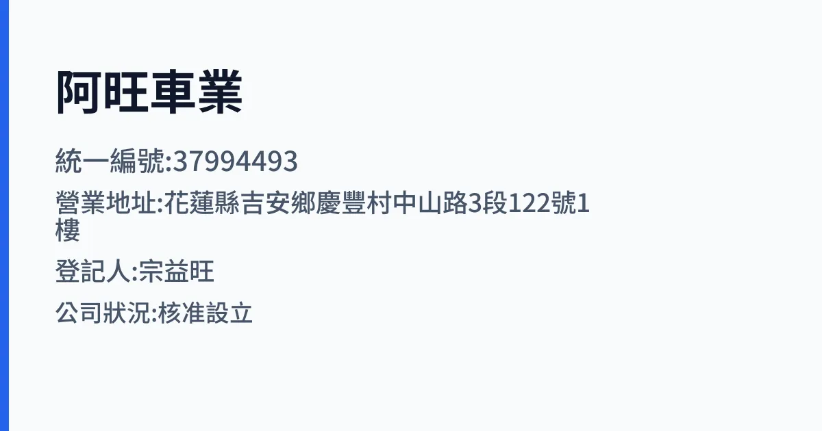 阿旺車業 - 統編 37994493(花蓮縣) 公司登記資料與營業項目詳細圖表
