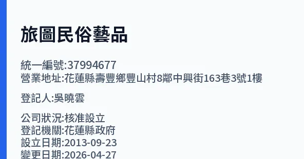 旅圖民俗藝品的照片-統編 37994677(花蓮縣) 公司登記資料與營業項目詳細圖表