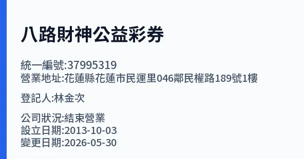 八路財神公益彩券的照片-統編 37995319(花蓮縣) 公司登記資料與營業項目詳細圖表