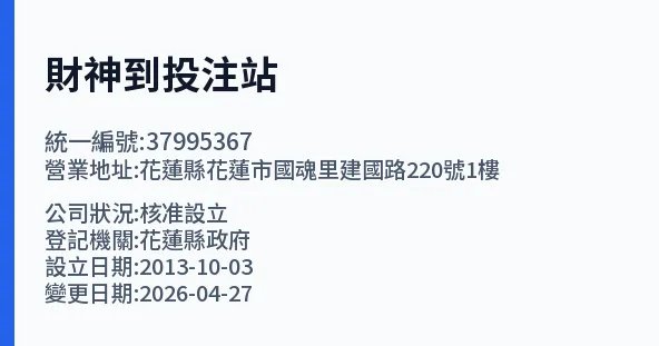 財神到投注站的照片-統編 37995367(花蓮縣) 公司登記資料與營業項目詳細圖表