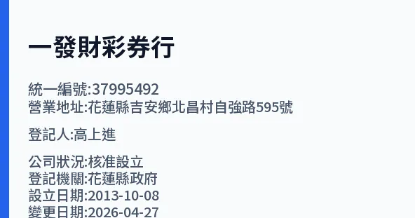 一發財彩券行的照片-統編 37995492(花蓮縣) 公司登記資料與營業項目詳細圖表