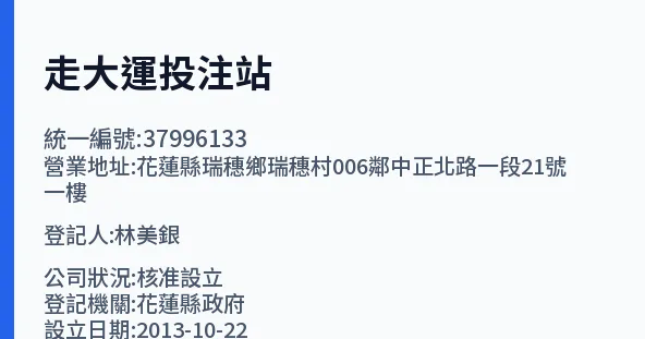 走大運投注站的照片-統編 37996133(花蓮縣) 公司登記資料與營業項目詳細圖表
