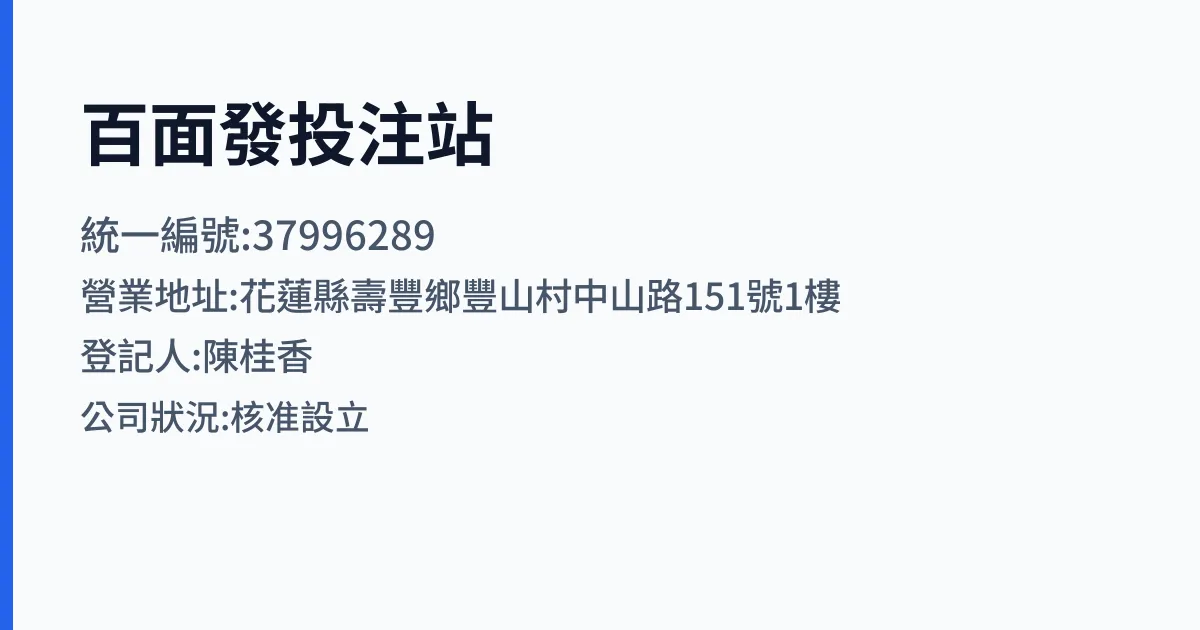 百面發投注站 - 統編 37996289(花蓮縣) 公司登記資料與營業項目詳細圖表