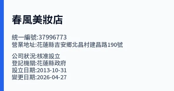 春風美妝店的照片-統編 37996773(花蓮縣) 公司登記資料與營業項目詳細圖表