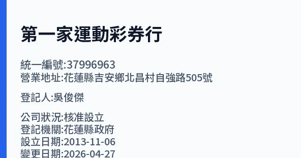 第一家運動彩券行的照片-統編 37996963(花蓮縣) 公司登記資料與營業項目詳細圖表