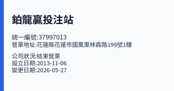 鉑龍贏投注站的照片-統編 37997013(花蓮縣) 公司登記資料與營業項目詳細圖表