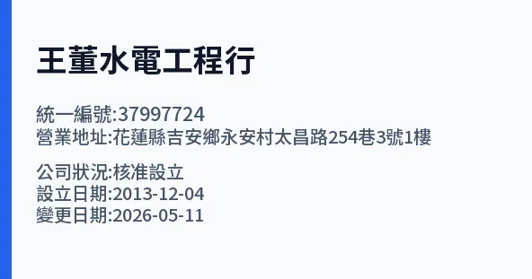 王董水電工程行的照片-統編 37997724(花蓮縣) 公司登記資料與營業項目詳細圖表