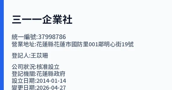 三一一企業社的照片-統編 37998786(花蓮縣) 公司登記資料與營業項目詳細圖表