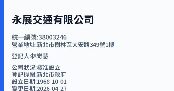 永展交通有限公司的照片-統編 38003246(新北市) 公司登記資料與營業項目詳細圖表
