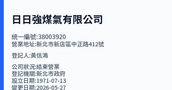 日日強煤氣有限公司的照片-統編 38003920(新北市) 公司登記資料與營業項目詳細圖表