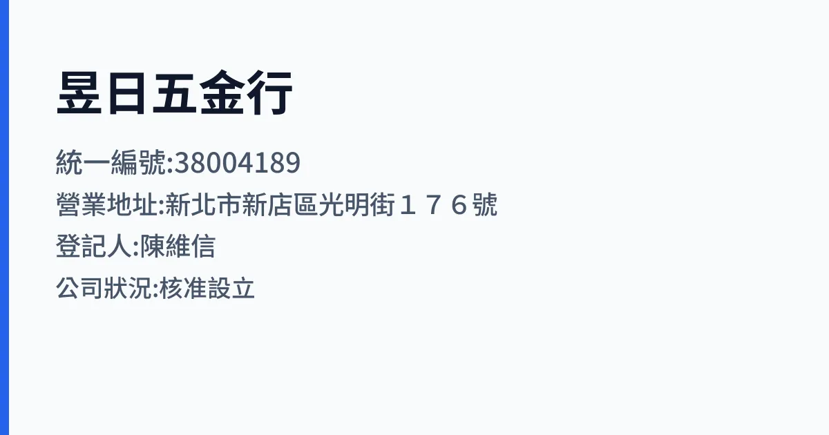 昱日五金行 - 統編 38004189(新北市) 公司登記資料與營業項目詳細圖表