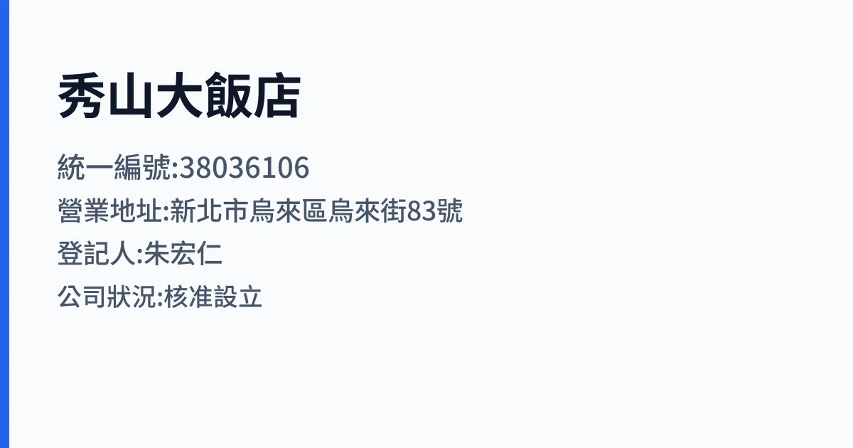 秀山大飯店 - 統編 38036106(新北市) 公司登記資料與營業項目詳細圖表