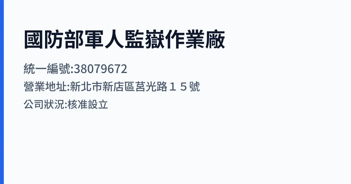 國防部軍人監嶽作業廠 - 統編 38079672（新北市） 公司登記資料與營業項目詳細圖表