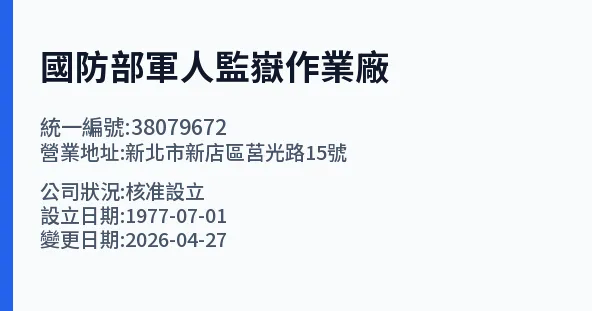 國防部軍人監嶽作業廠的照片-統編 38079672(新北市) 公司登記資料與營業項目詳細圖表