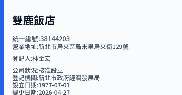 雙鹿飯店的照片-統編 38144203(新北市) 公司登記資料與營業項目詳細圖表