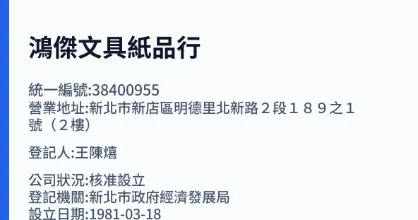 鴻傑文具紙品行的照片-統編 38400955(新北市) 公司登記資料與營業項目詳細圖表