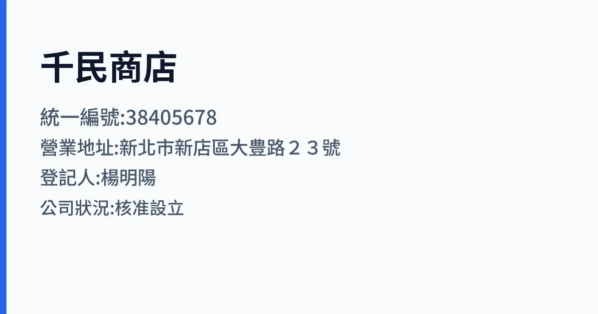 千民商店 - 統編 38405678(新北市) 公司登記資料與營業項目詳細圖表