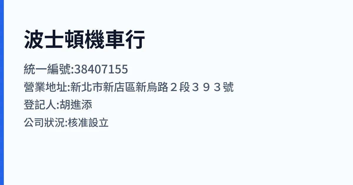波士頓機車行 - 統編 38407155(新北市) 公司登記資料與營業項目詳細圖表