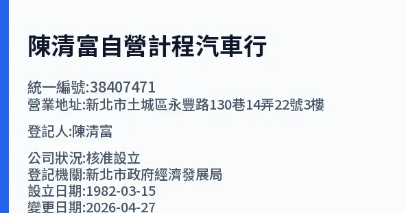 陳清富自營計程汽車行的照片-統編 38407471(新北市) 公司登記資料與營業項目詳細圖表