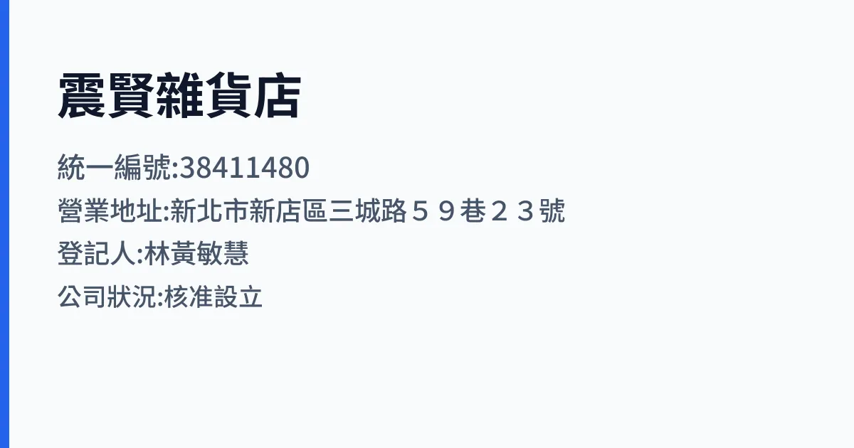 震賢雜貨店 - 統編 38411480(新北市) 公司登記資料與營業項目詳細圖表