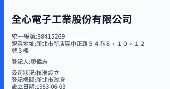全心電子工業股份有限公司的照片-統編 38415269(新北市) 公司登記資料與營業項目詳細圖表