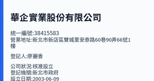 華企實業股份有限公司的照片-統編 38415583(新北市) 公司登記資料與營業項目詳細圖表