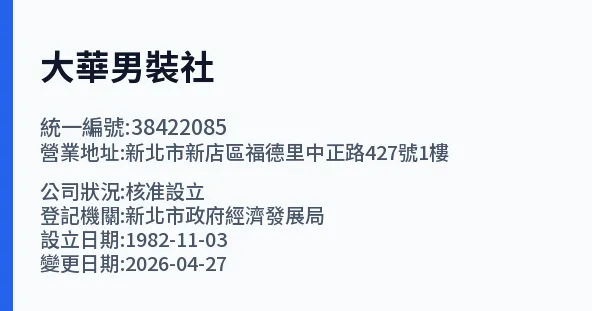大華男裝社的照片-統編 38422085(新北市) 公司登記資料與營業項目詳細圖表