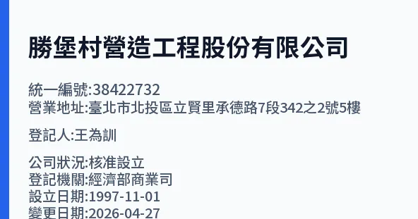 勝堡村營造工程股份有限公司的照片-統編 38422732(臺北市) 公司登記資料與營業項目詳細圖表