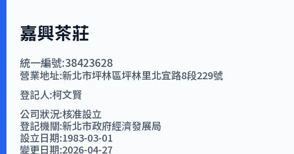 嘉興茶莊的照片-統編 38423628(新北市) 公司登記資料與營業項目詳細圖表