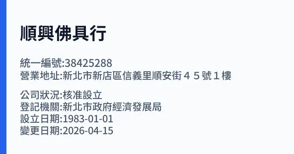 順興佛具行的照片-統編 38425288(新北市) 公司登記資料與營業項目詳細圖表