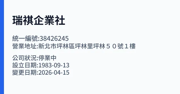 瑞祺企業社的照片-統編 38426245(新北市) 公司登記資料與營業項目詳細圖表