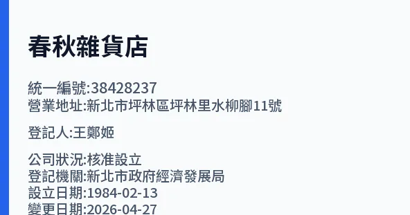 春秋雜貨店的照片-統編 38428237(新北市) 公司登記資料與營業項目詳細圖表