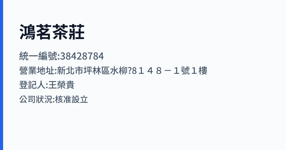 鴻茗茶莊 - 統編 38428784(新北市) 公司登記資料與營業項目詳細圖表
