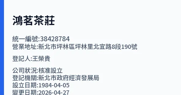鴻茗茶莊的照片-統編 38428784(新北市) 公司登記資料與營業項目詳細圖表