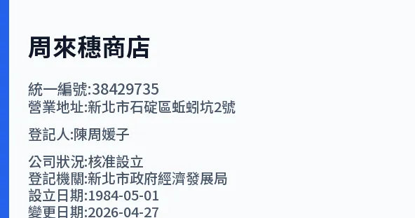 周來穗商店的照片-統編 38429735(新北市) 公司登記資料與營業項目詳細圖表