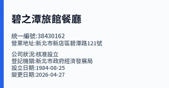 碧之潭旅館餐廳的照片-統編 38430162(新北市) 公司登記資料與營業項目詳細圖表