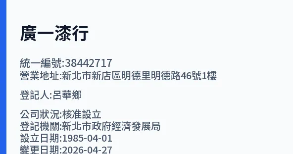 廣一漆行的照片-統編 38442717(新北市) 公司登記資料與營業項目詳細圖表