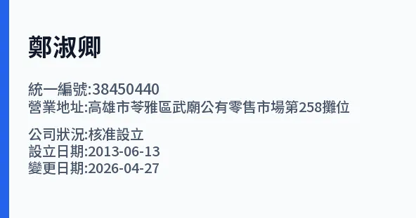 鄭淑卿的照片-統編 38450440(高雄市) 公司登記資料與營業項目詳細圖表