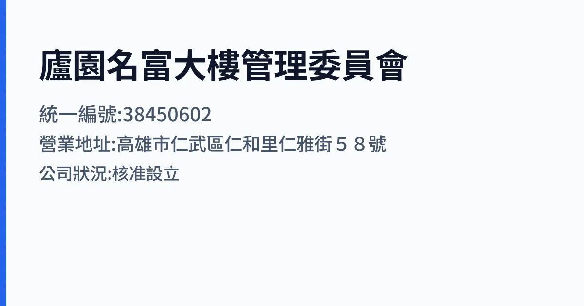 廬園名富大樓管理委員會 - 統編 38450602(高雄市) 公司登記資料與營業項目詳細圖表