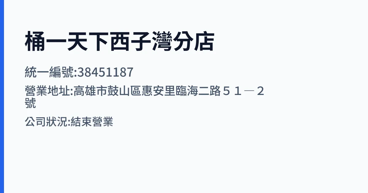 桶一天下西子灣分店 - 統編 38451187(高雄市) 公司登記資料與營業項目詳細圖表