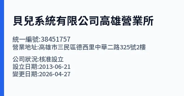 貝兒系統有限公司高雄營業所的照片-統編 38451757(高雄市) 公司登記資料與營業項目詳細圖表