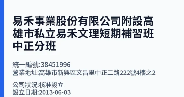 易禾事業股份有限公司附設高雄市私立易禾文理短期補習班中正分班的照片-統編 38451996(高雄市) 公司登記資料與營業項目詳細圖表