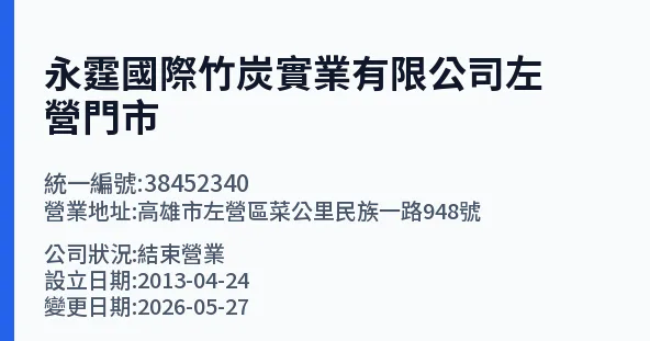 永霆國際竹炭實業有限公司左營門市的照片-統編 38452340(高雄市) 公司登記資料與營業項目詳細圖表