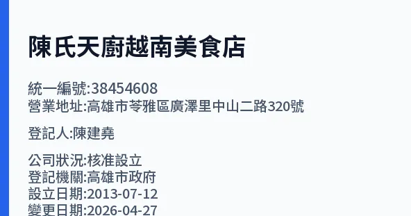 陳氏天廚越南美食店的照片-統編 38454608(高雄市) 公司登記資料與營業項目詳細圖表
