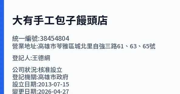 大有手工包子饅頭店的照片-統編 38454804(高雄市) 公司登記資料與營業項目詳細圖表