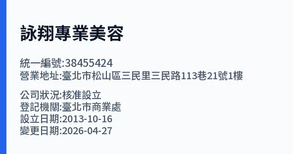 詠翔專業美容的照片-統編 38455424(臺北市) 公司登記資料與營業項目詳細圖表