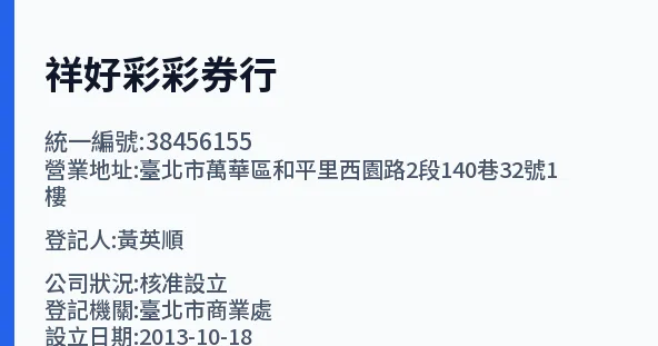 祥好彩彩券行的照片-統編 38456155(臺北市) 公司登記資料與營業項目詳細圖表