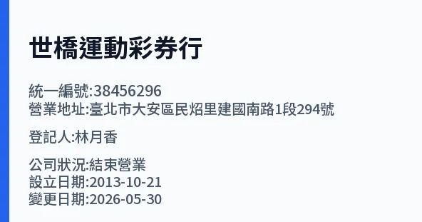 世橋運動彩券行的照片-統編 38456296(臺北市) 公司登記資料與營業項目詳細圖表