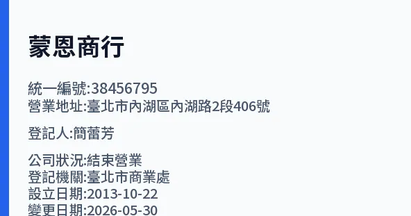 蒙恩商行的照片-統編 38456795(臺北市) 公司登記資料與營業項目詳細圖表