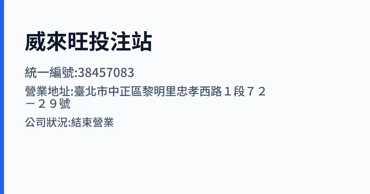 威來旺投注站 - 統編 38457083(臺北市) 公司登記資料與營業項目詳細圖表